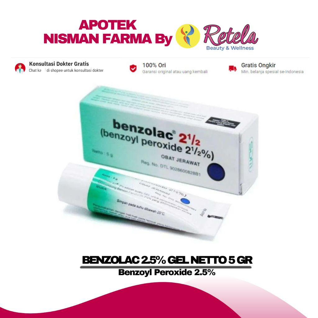 Jual BENZOLAC 2.5% GEL 5 GR ( BENZOYL PEROXIDE 2.5% ) / ACNE / JERAWAT ...