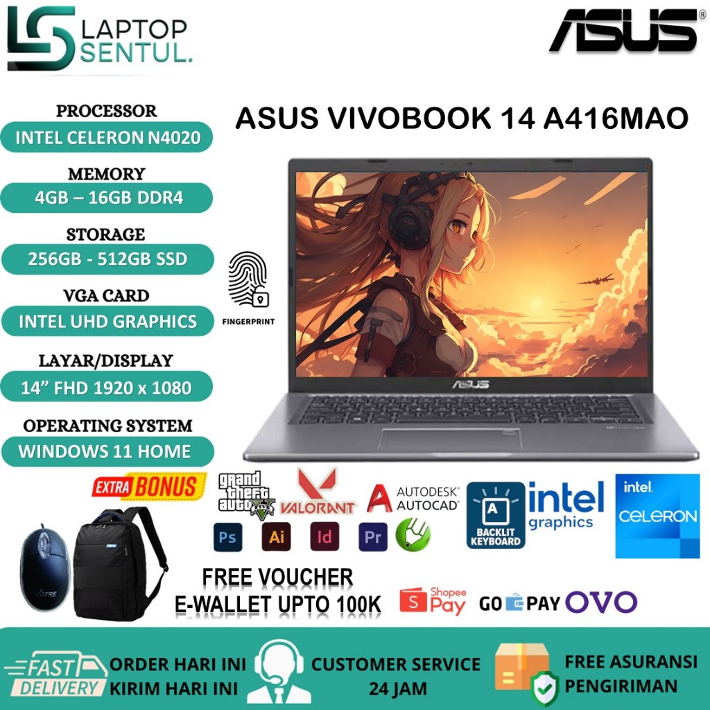 Jual LAPTOP ASUS VIVOBOOK 14 A416MAO Intel N4020 16GB SSD 512GB FHD ...