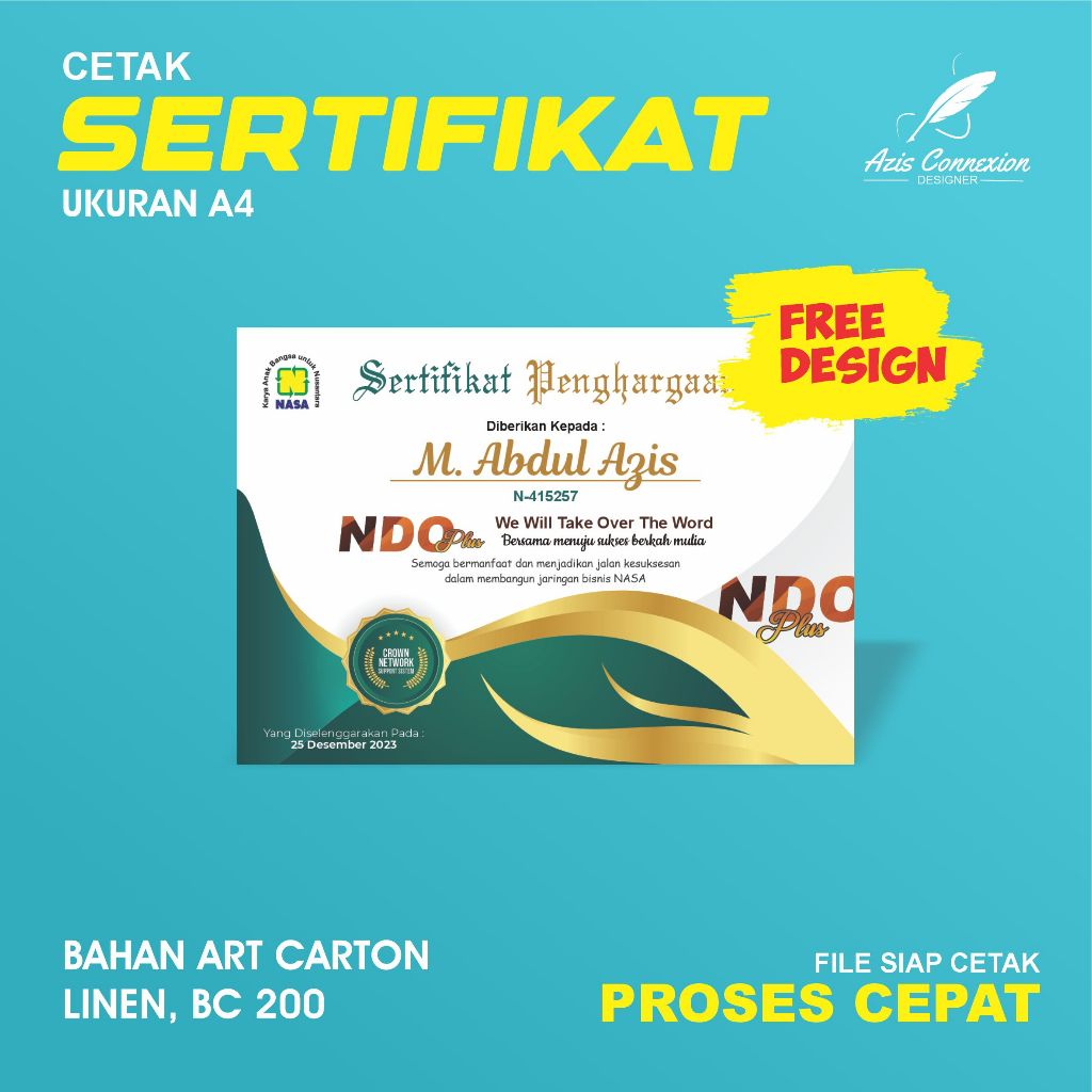 Jual Cetak Sertifikat Piagam Custom Murah Free Design Custom | Shopee ...