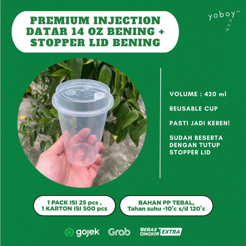Jual CUP PREMIUM INJECTION 14oz BENING + TUTUP STOPPER LID INJECTION ...