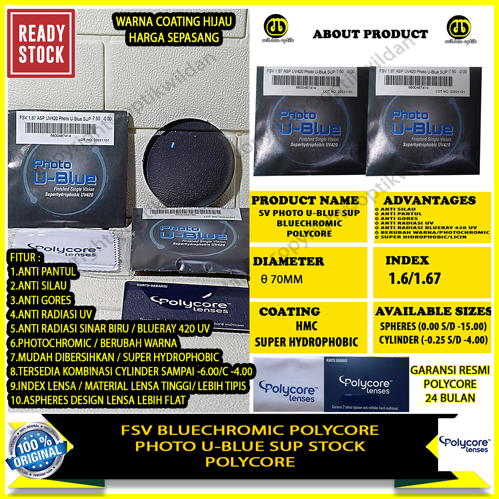 Jual POLYCORE SINGLE VISION BLUECHROMIC STOCK FSV 1.60/1.67 PHOTO U-BLUE SUP READY STOCK ...