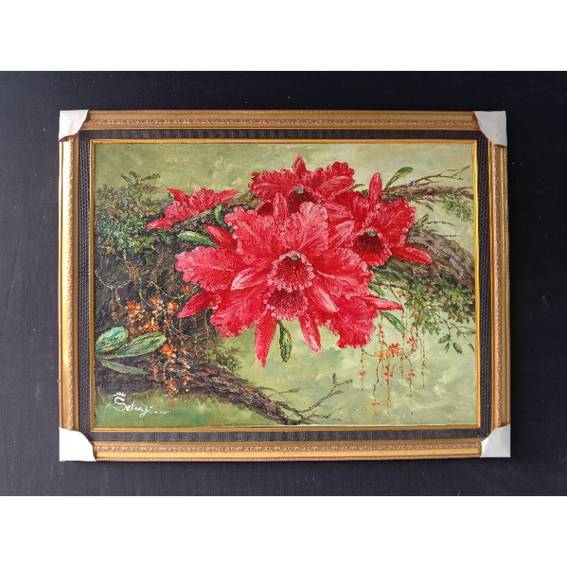 Jual lukisan bunga anggrek merah dan bingkai | Shopee Indonesia