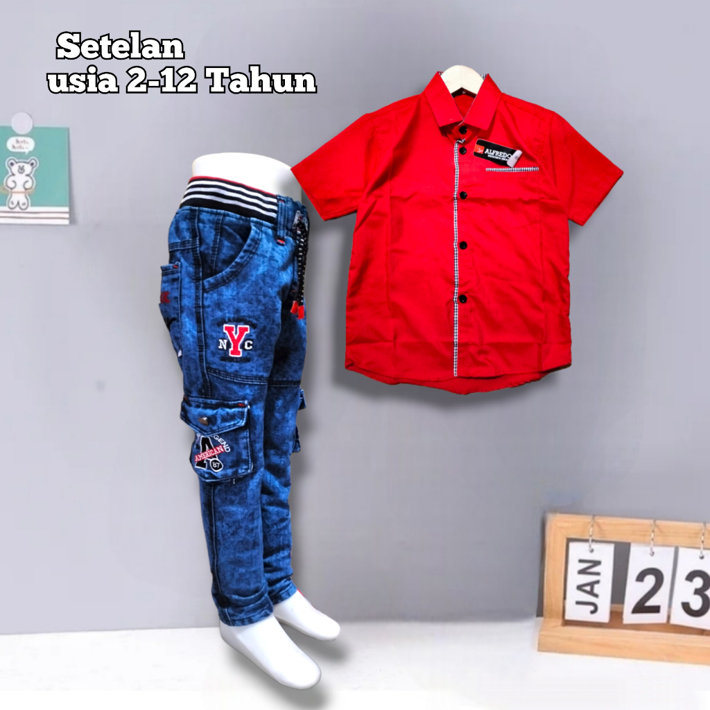 Jual setelan jeans panjang anak laki laki celana cargo dan kemeja polos usia 2 sampai 12 tahun ...