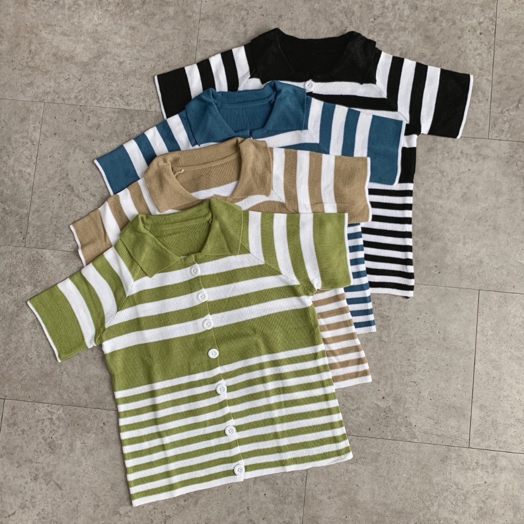 Jual Kemeja Rajut Kancing Stripe Kamelia FG Kaos Kerah Wanita Tangan ...