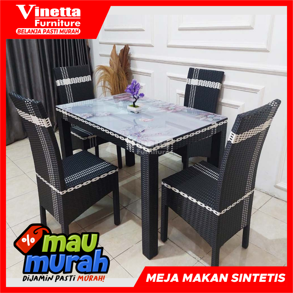 Jual Meja Makan Sintetis 4 Kursi / Rotan Anyaman / Meja Kaca Motif ...