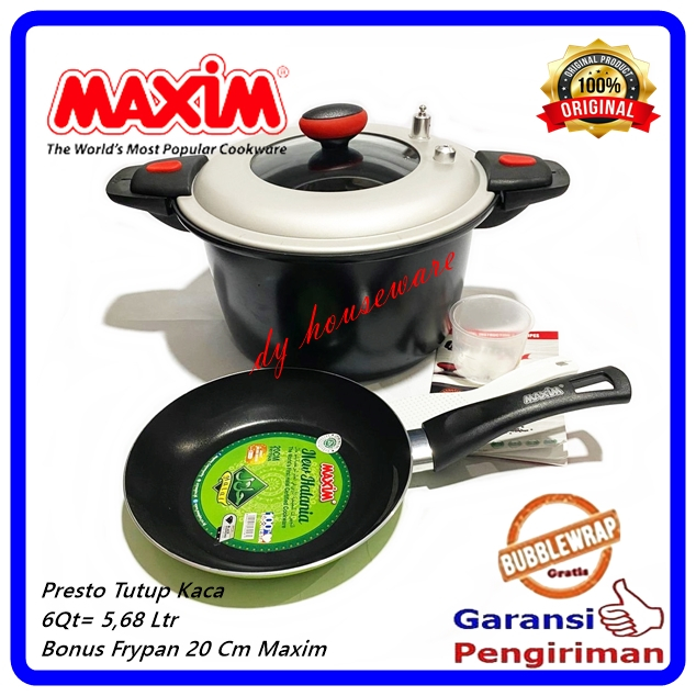 Jual Panci Presto Tutup Kaca Quatro Cooker 4 in 1 6Qt = 5.68 Ltr + Frypan 20 Cm Maxim | Shopee ...