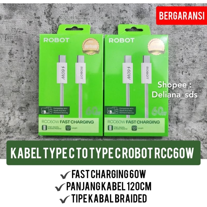 Jual Kabel Type C to Type C Robot RCC60W Fast Charging 60W 120cm Kabel ...