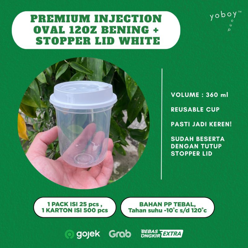 Jual CUP PREMIUM INJECTION 12oz OVAL + TUTUP STOPPER LID BENING/HITAM ...