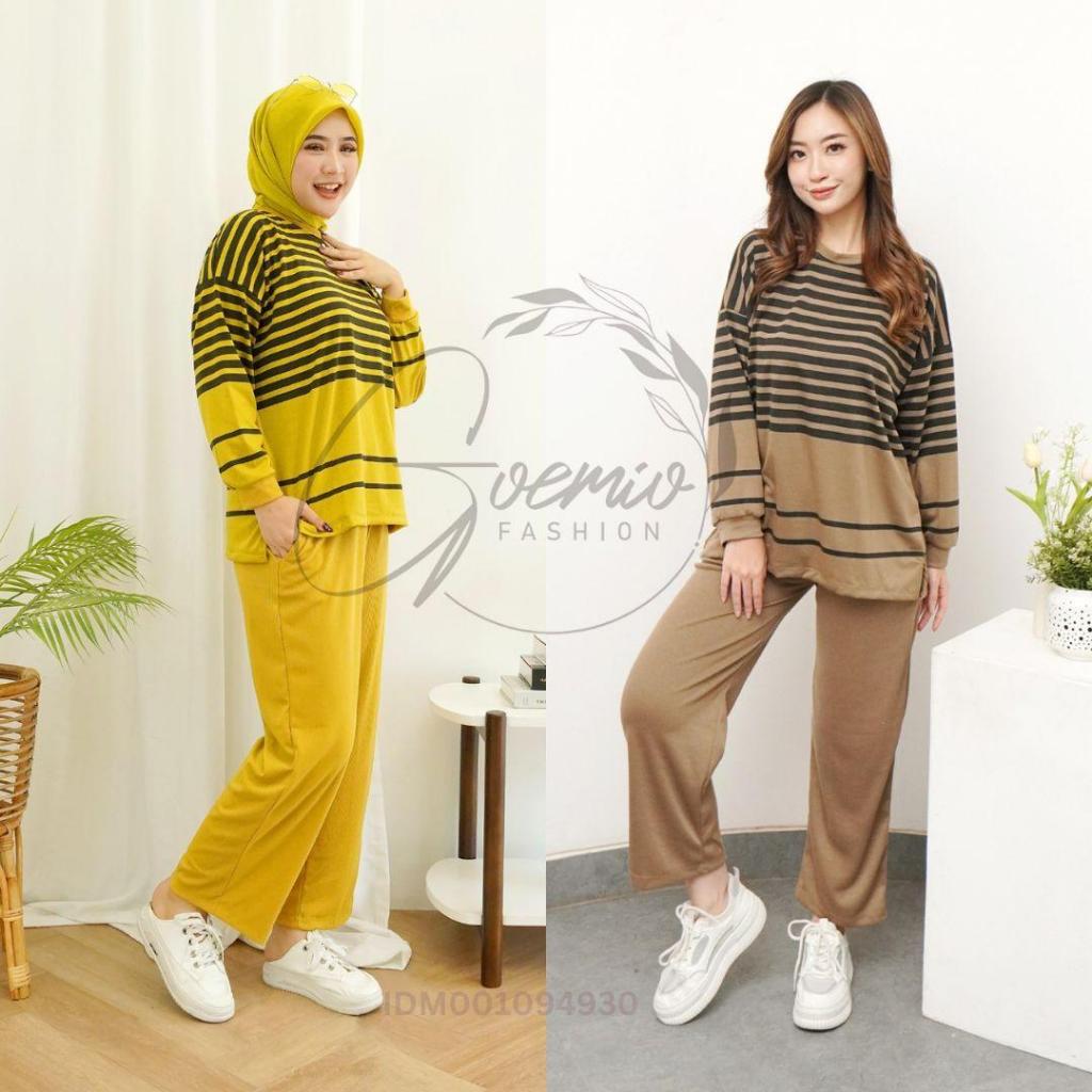 Jual LD 120 One Set Viera Setelan Katun Knit Combi Atasan Motif Dan Celana Panjang Wanita Motif ...