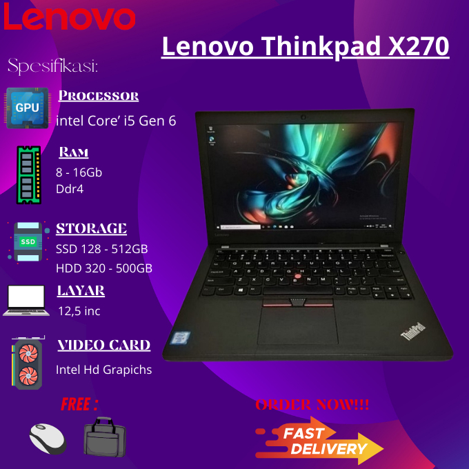 Jual Laptop Lenovo Thinkpad X270 Core i5 Gen 6 RAM 8GB SSD 256GB Mulus Grade A Bergaransi ...