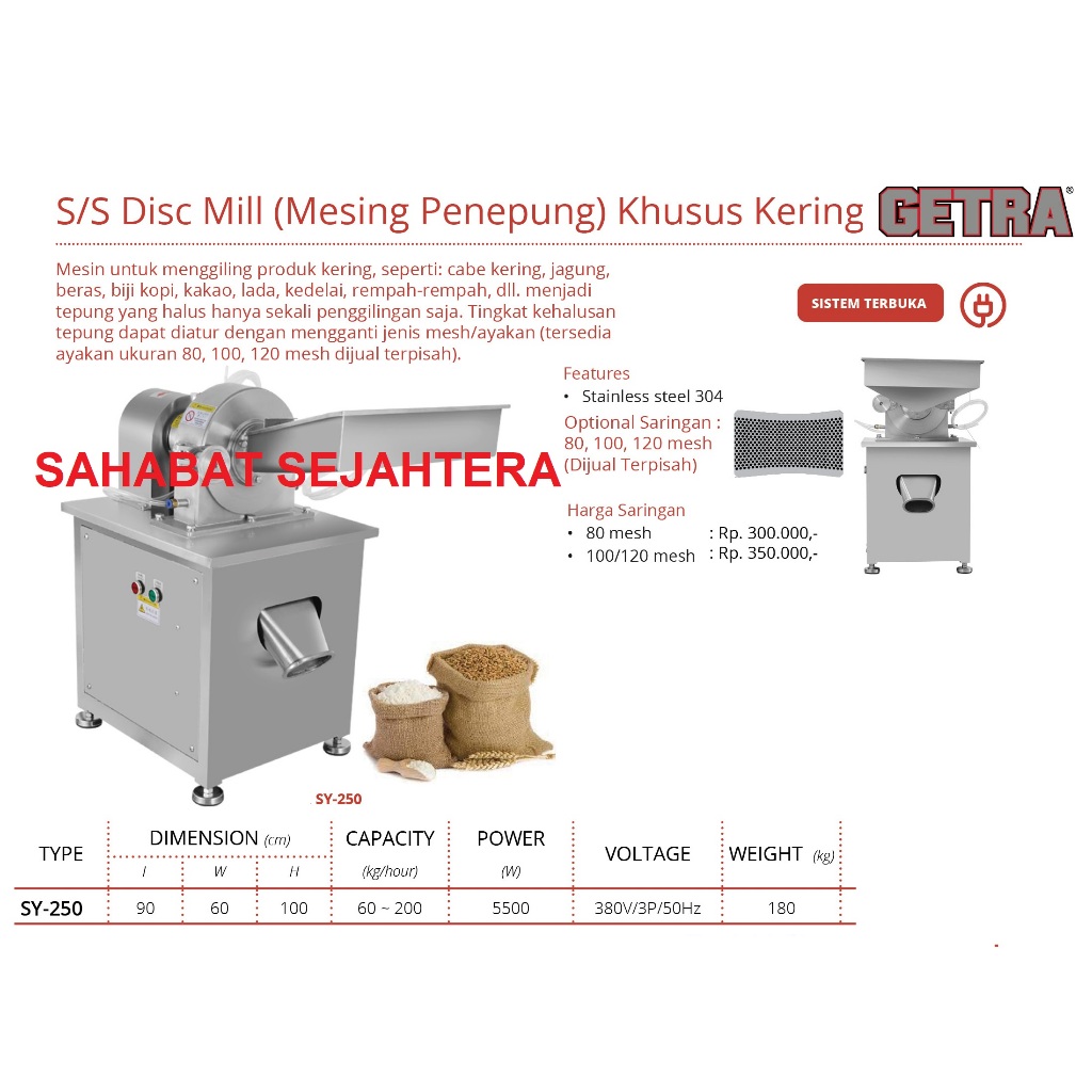 Jual GETRA S/s Disc Mill Mesin Penepung SY-250 Mesin Penggiling Produk ...