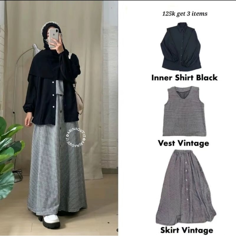 Jual Gamis One set vintage Rok+kemeja+vest | Shopee Indonesia