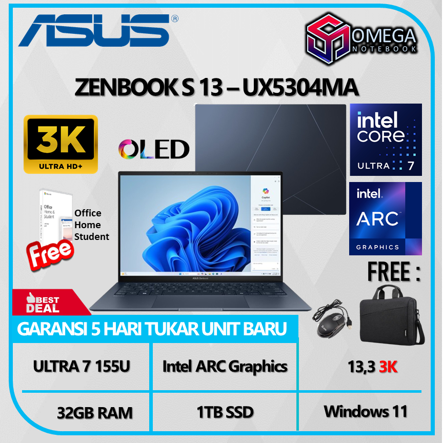 Jual Asus Zenbook S13 Oled Ux5304ma Ultra 7 155u 32gb 1tb Arc 13 3 3k