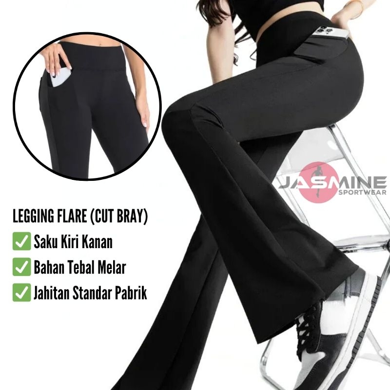 Jual Jasmine Sportwear - Celana Legging Flare Cutbray Olahraga Wanita Saku Depan | Shopee Indonesia