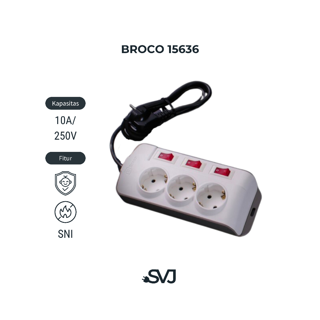 Jual BROCO 15636 STOP KONTAK 3 LUBANG MIRING (CHILD PROTECTION + INDIVIDUAL SWITCH+KABEL ...