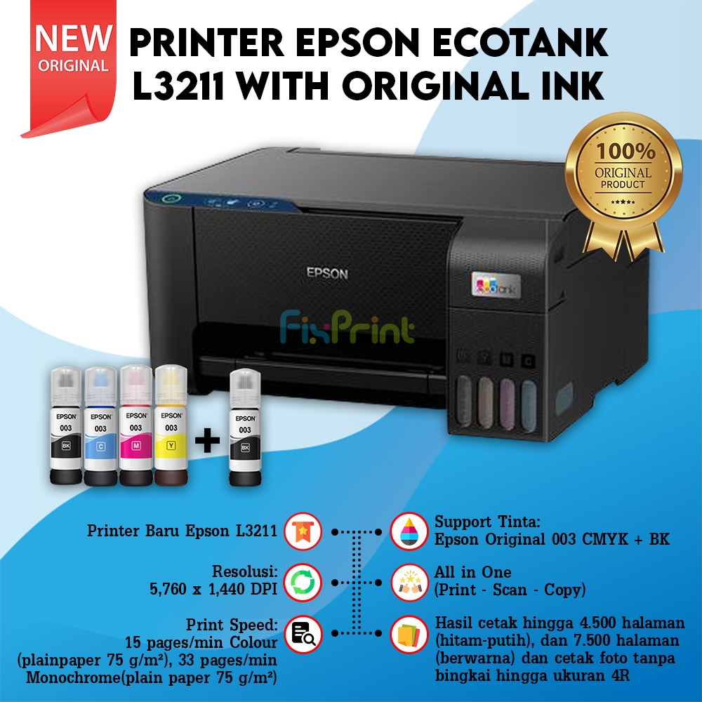 Jual Printer Epson EcoTank L3211 A4 All-in-One Ink Tank Garansi Resmi Print Scan Copy A4 ...