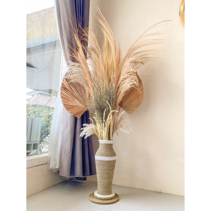 Jual Paket Lengkap Bunga Kering + Pot Vas Guci 35cm Palem Kering+Pampas ...