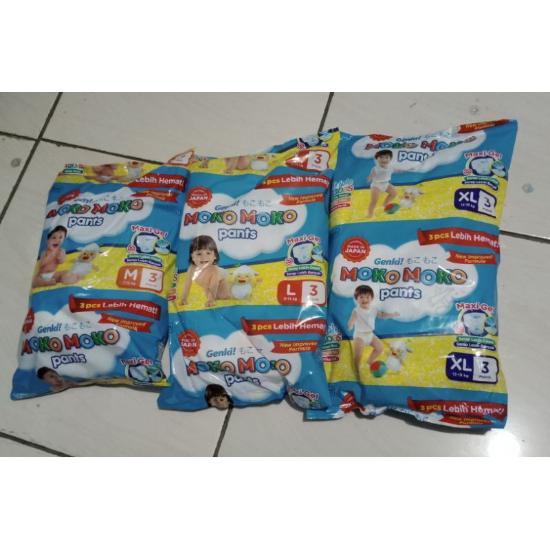 Jual Popok TERMURAH Genki Moko Moko Kemasan Ekonomis isi 3 ukuran M3 L3 XL3 | Shopee Indonesia