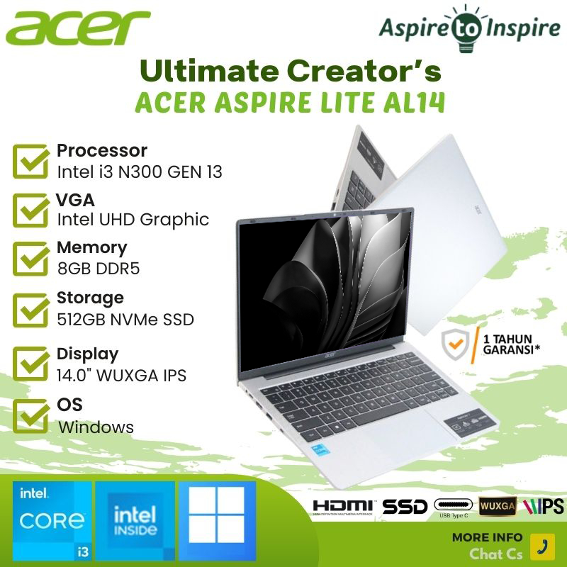 Jual Acer Aspire Lite AL14 31P 38BG 14" WUXGA IPS Intel i3 N300 Ram 8GB ...