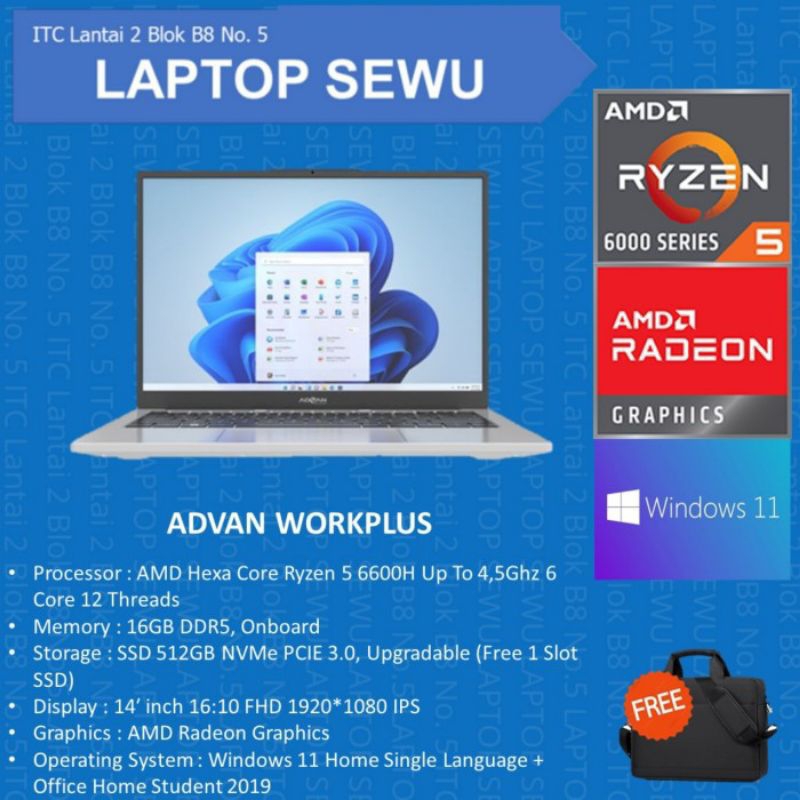 Jual ADVAN Laptop Workplus AMD RYZEN 5 6600H 14" FHD IPS 16GB 512GB Win ...