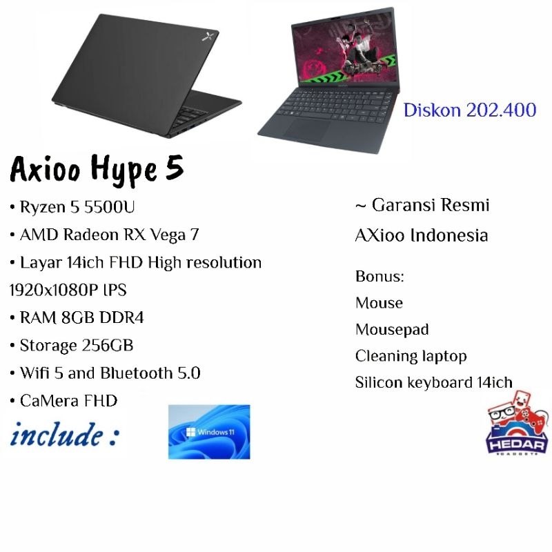 Jual Laptop Axioo Hype 5 AMD Ryzen 5 5500U 8Gb 256GB Vega 7 Dos 14ich ...