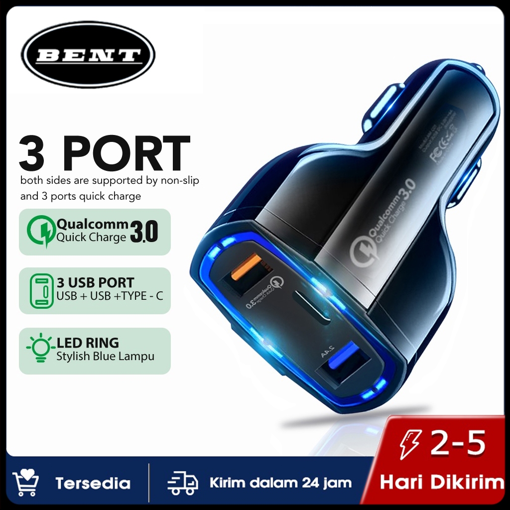Jual Charger Mobil / 3 Port USB QC 3.0 Type C Car Charger Fast Charging ...