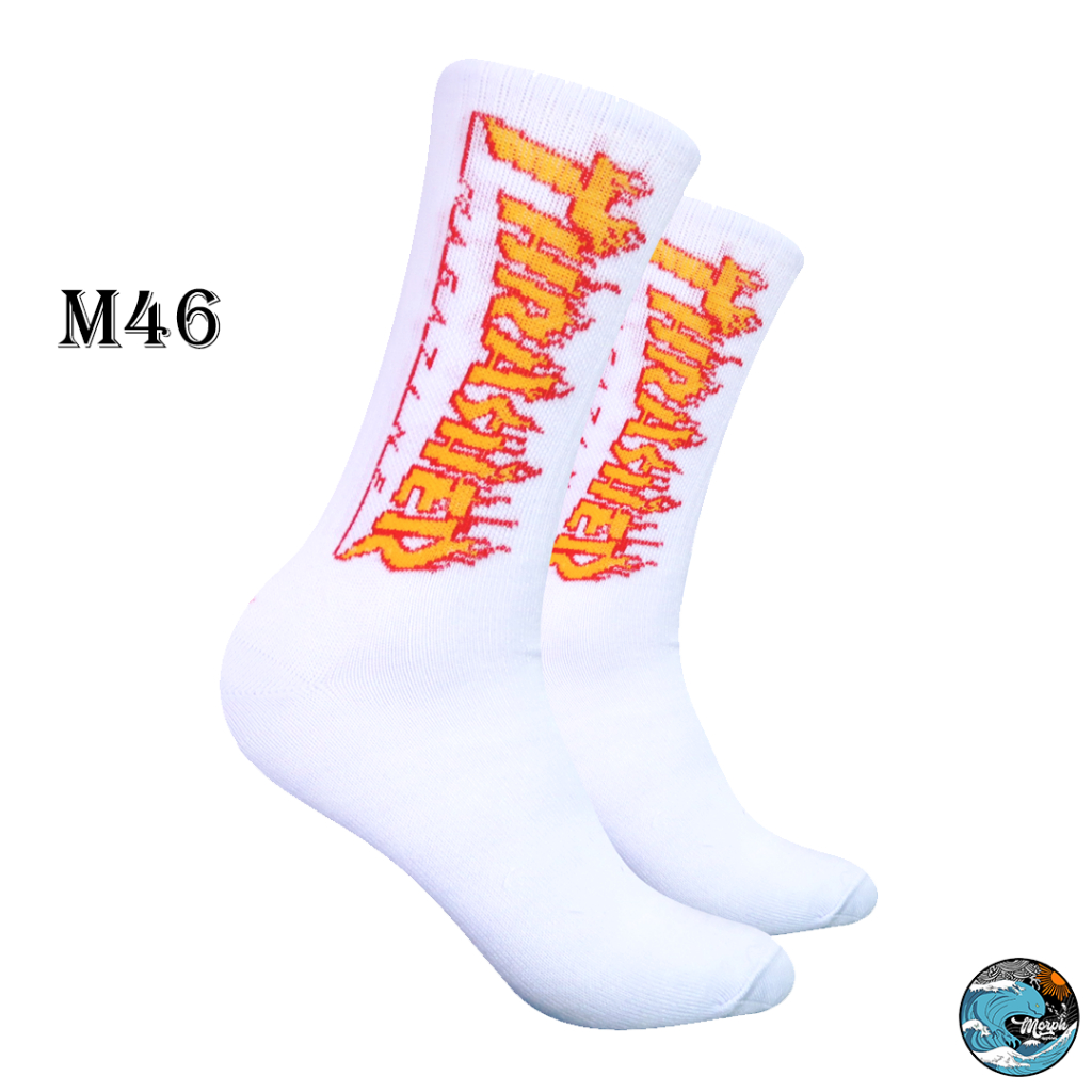 Jual Kaos Kaki Oldschool Motif Thrasher Putih Api Kuning (4LAYER BENANG ...