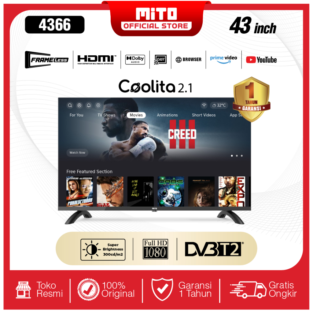 Jual MITO Smart LED TV 4366 43 Inch - OS Coolita 2.1 - HD Ready / DVB T2 / Dolby Audio / YouTube ...