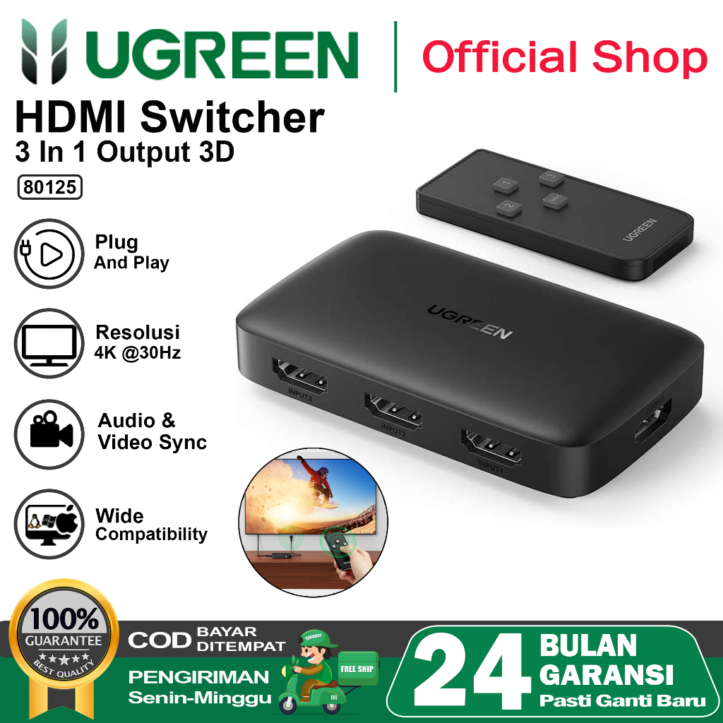 Jual UGREEN HDMI Splitter 3 Input 1 Output 4K HD + Remote 80125 ...