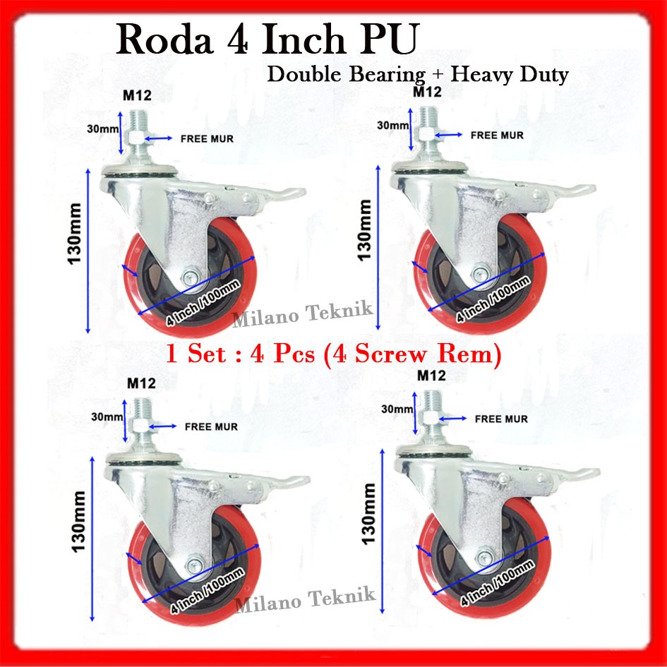 Jual Roda 4 inchi PU (1set:4pcs Screw hidup rem)+Double bearing Troli ...