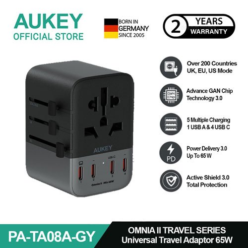 Jual AUKEY Universal Travel Adaptor GAN Type C 65W 5 Multiple Ports UK ...