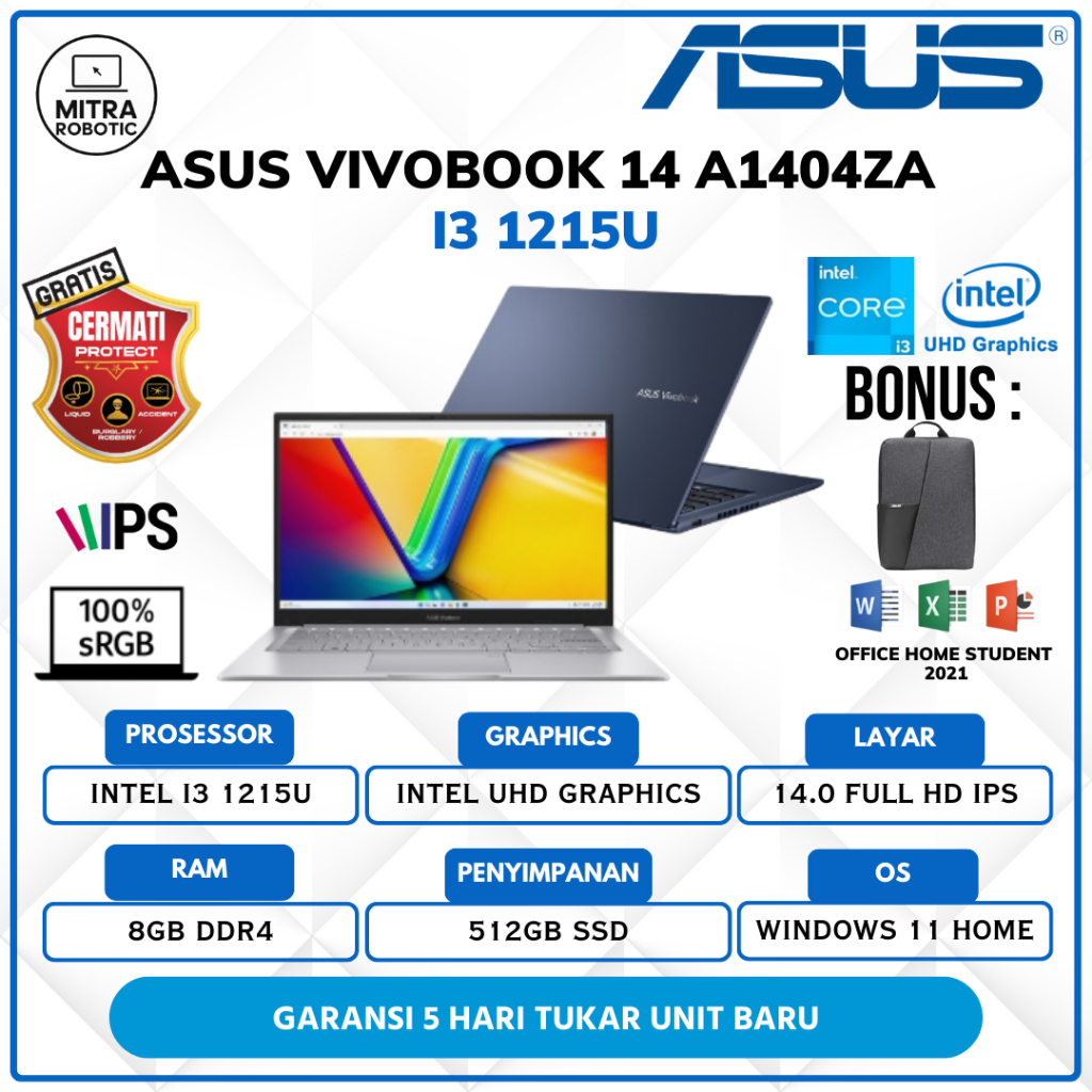 Jual Laptop Asus Vivobook 14 A1404ZA I3 1215U 8GB 512GB Win 11 + OHS 14 ...