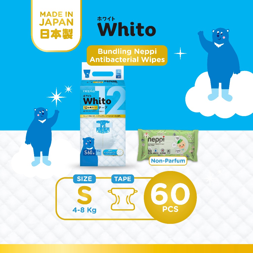 Jual Nepia Whito Diapers Tape S 60 + Neppi Tisu Basah Antibacterial | Shopee Indonesia