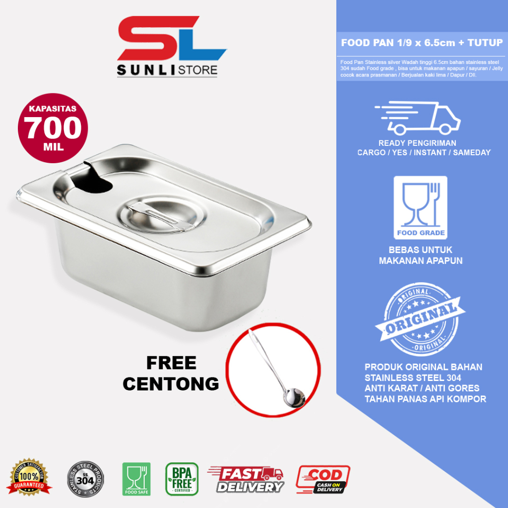 Jual SUNLI - Food pan Satu set 1/9 x 6.5cm+TUTUP / food pan stainless ...