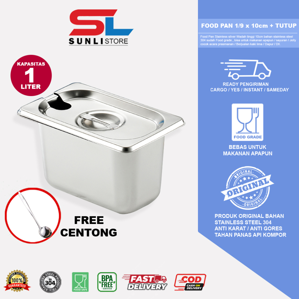 Jual SUNLI - Food pan satu set 1/9 x10cm+ Tutup / food pan stainless ...