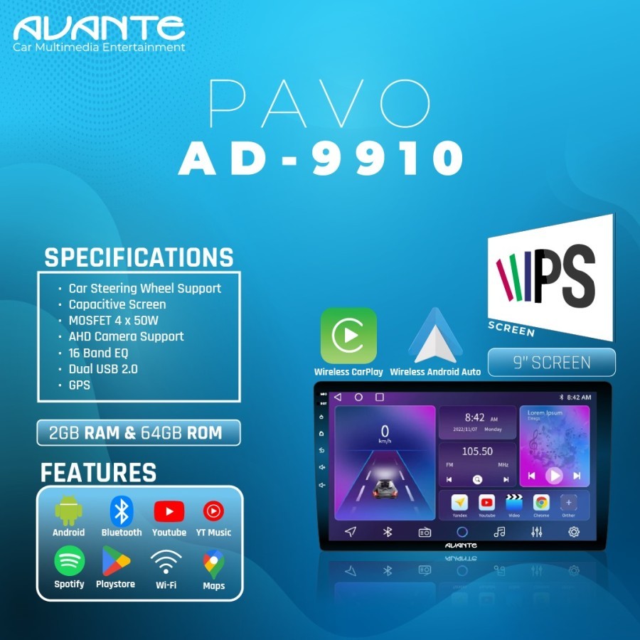 Jual Headunit Mobil Android Avante PAVO 2/ 64GB 9 Inch IPS Apple Car ...