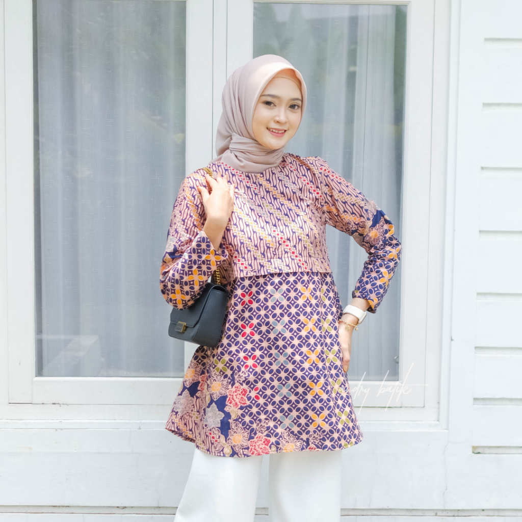 Jual Audry - Anjani - Blouse Batik Wanita Panjang Hijab Kerja Modern Motif Kawung Mocca Abu ...