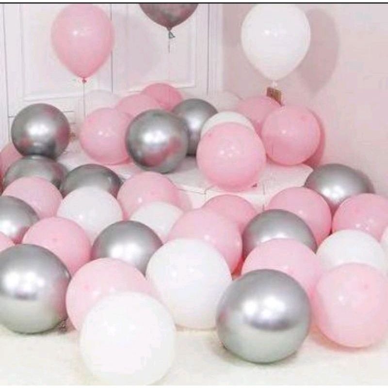 Jual Paket Balon Ulang tahun Pink Pastel Putih Silver / Balon Latex Mix ...