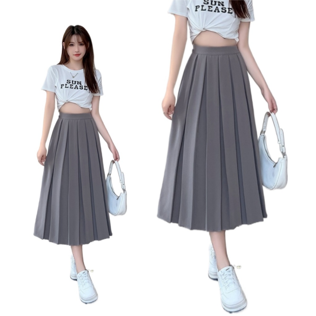 Jual Rok A-line Pinggang Tinggi Wanita Korea/Rok Lipit Kampus Wanita ...