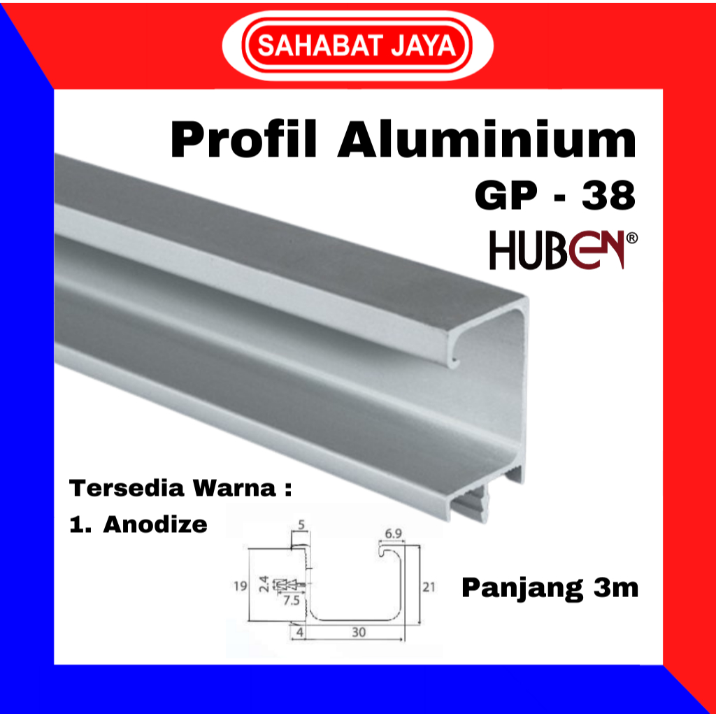 Jual HUBEN Profil Frame Handle Alumunium Aluminium GP 38 GP38 GP-38 Anodize | Shopee Indonesia
