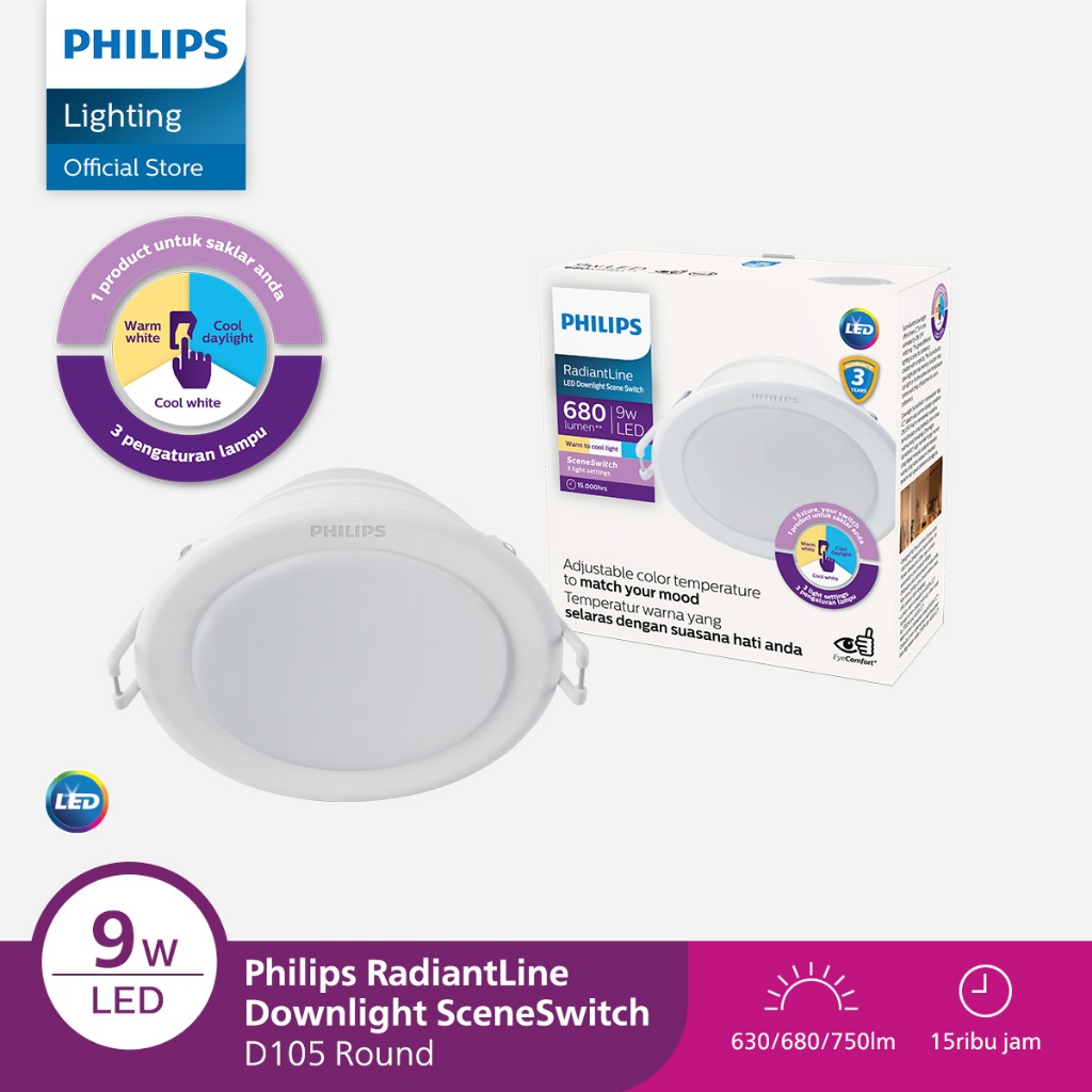 Jual Philips Lampu Radiantline LED Downlight SceneSwitch 9W D105 3 Warna | Shopee Indonesia