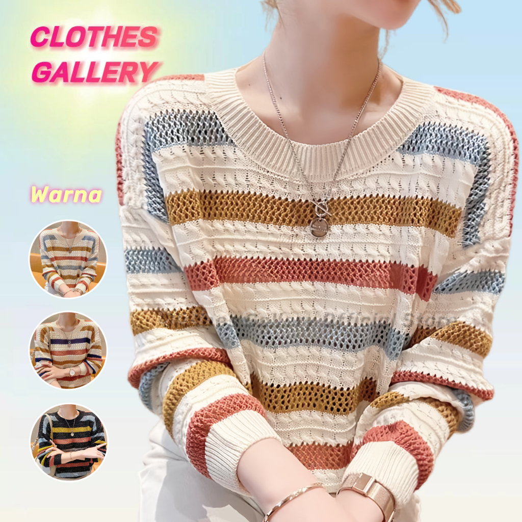 Jual Clothesgallery Top Knit Import Sweater - Atasan Wanita Rajut Jaring Import Stripes | Shopee ...