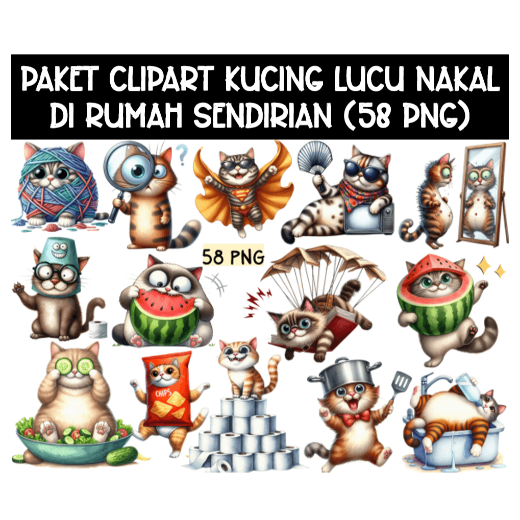 Jual Paket Clipart Kucing Lucu Nakal Di Rumah Sendirian (58 PNG ...