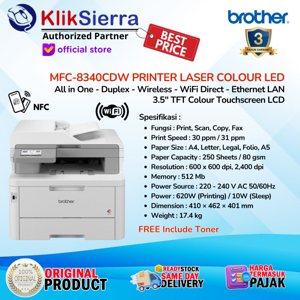 Jual BROTHER MFC-L8340CDW Printer All in One Laser LED Colour Wireless L8340 Duplex WiFi with 3. ...