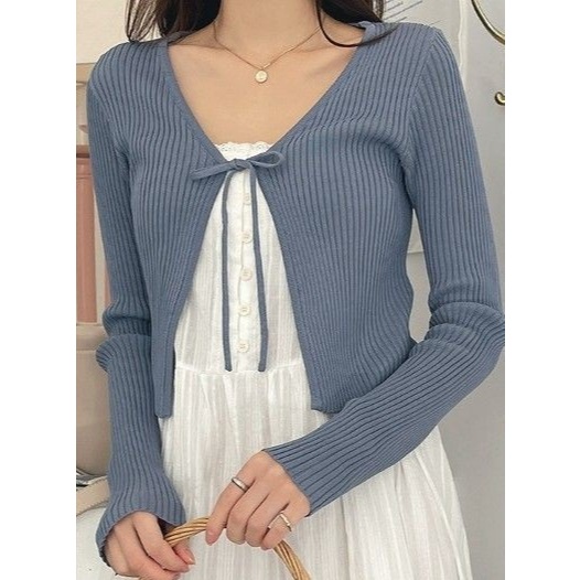Jual Cardigan Crop Tali Rajut Rib Lengan Panjang Wanita - Atasan Crop Korean Style Quality ...