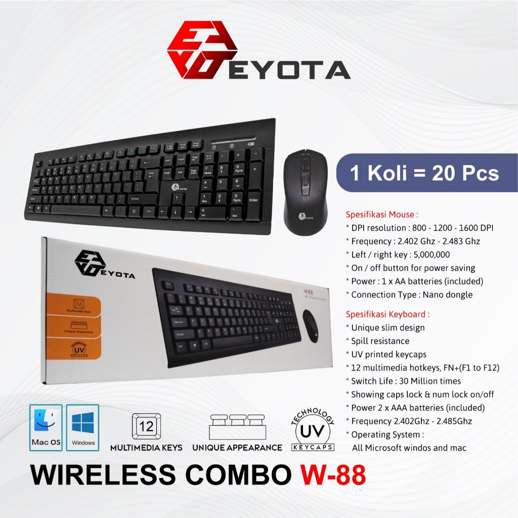 Jual EYOTA KEYBOARD MOUSE WIRELESS COMBO W88 KOMPUTER Hitam | Shopee ...