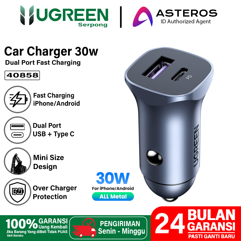 Jual UGREEN Car Charger Mobil USB A + PD Type C Fast Charging QC 4.0 3. ...