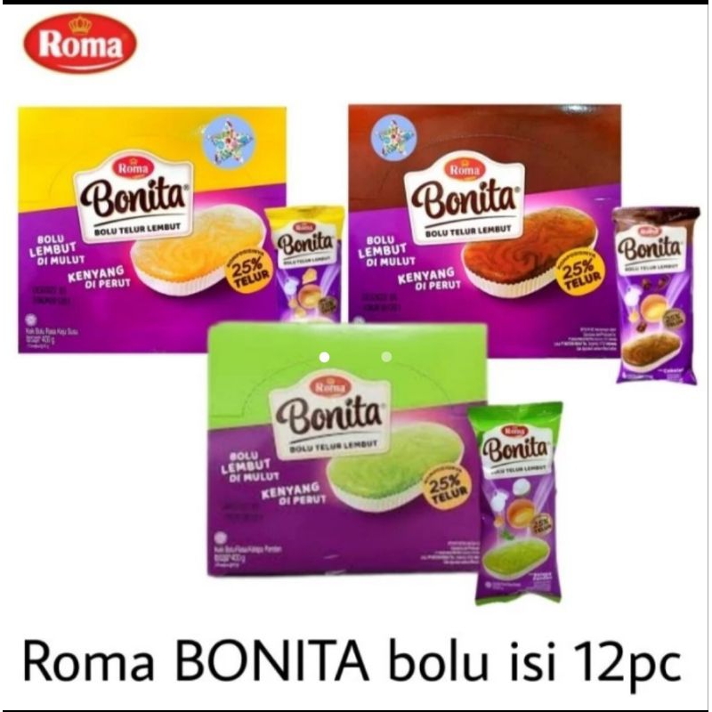 Jual 1 box roma bonita bolu telur coklat - keju susu - pandan isi 12 ...