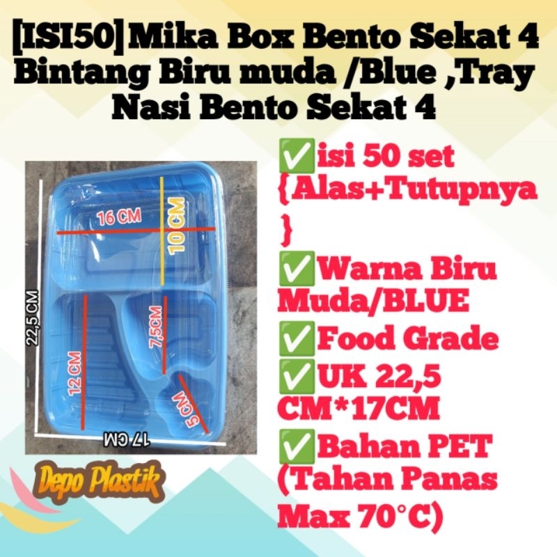 Jual [50SET]Mika Box Bento Sekat 4 Bintangl warna BIRU (Alas+Tutupnya ...