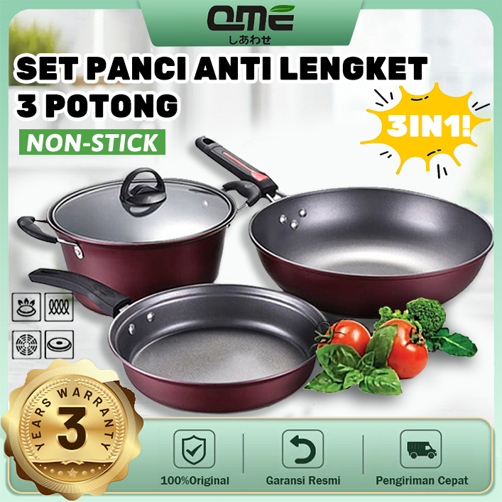 Jual QME Panci Wajan Teflon Set Panci Teflon Penggorengan Set 3 Pcs Pans Pots | Shopee Indonesia